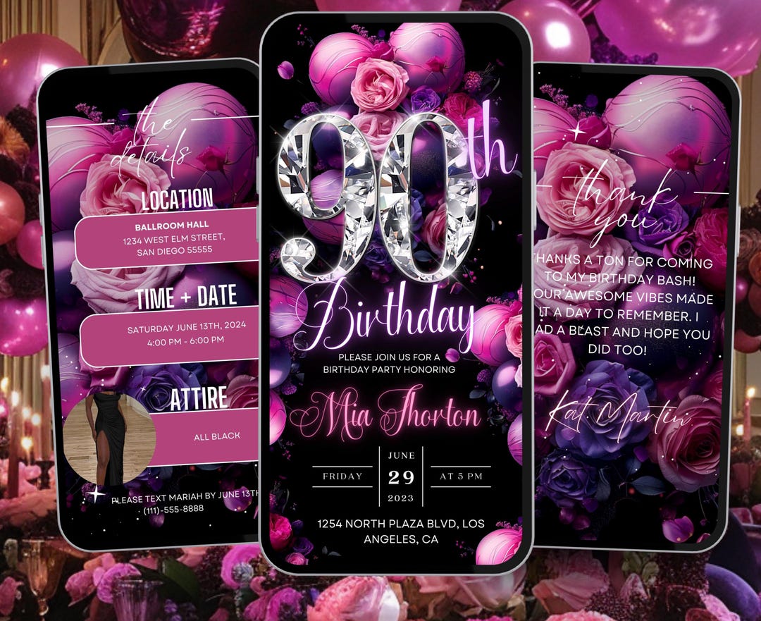 Floral 90th Birthday Invitation: Roses & Diamonds (digital Template) - Etsy