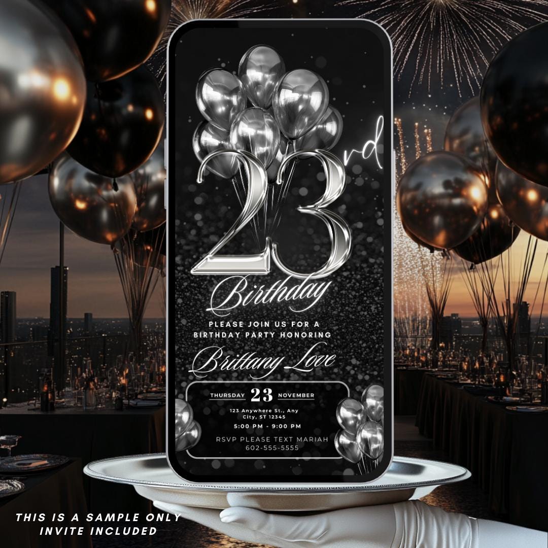 Digital 23rd Birthday Party Invitation, Glam Black Silver 23rd Dinner ...