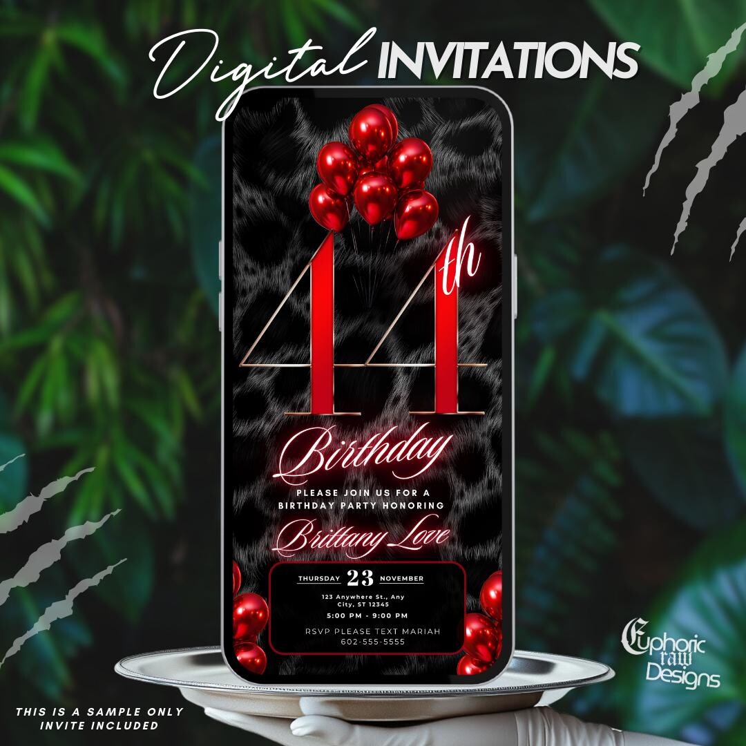 Digital Red Leopard 44th Birthday Party Invitation, Editable Digital ...