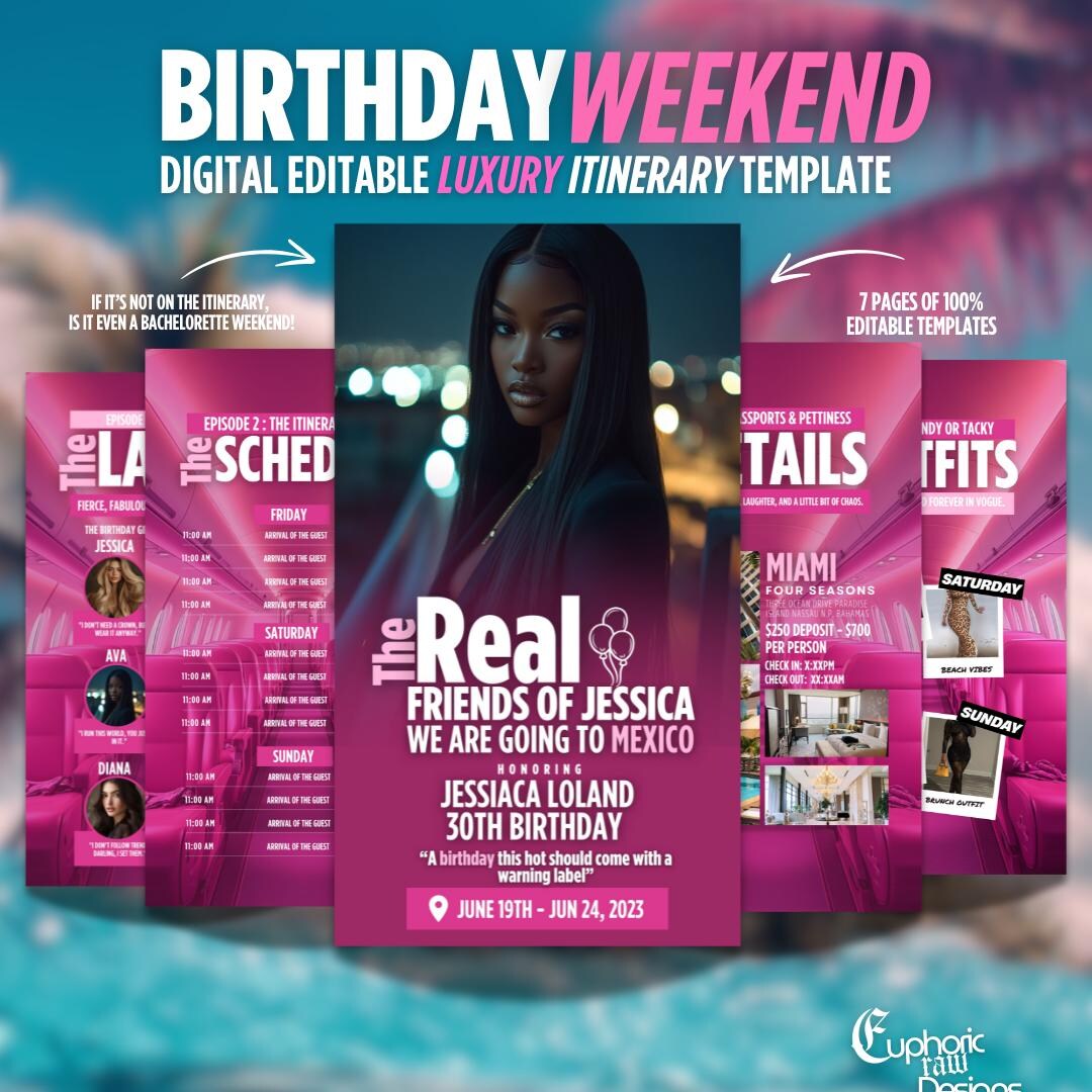 Pink Girls Trip Birthday Weekend Getaway Invitation, Themed Editable ...