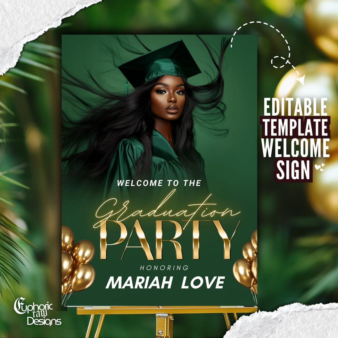 Digital Graduation Welcome Sign Template, Gold Grad Signage, Green ...