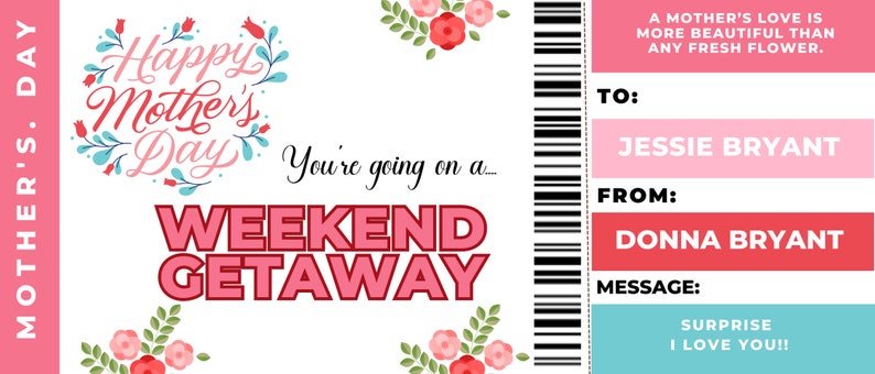 Mothers Day Weekend Getaway Getaway Ticket Printable Ticket - Etsy