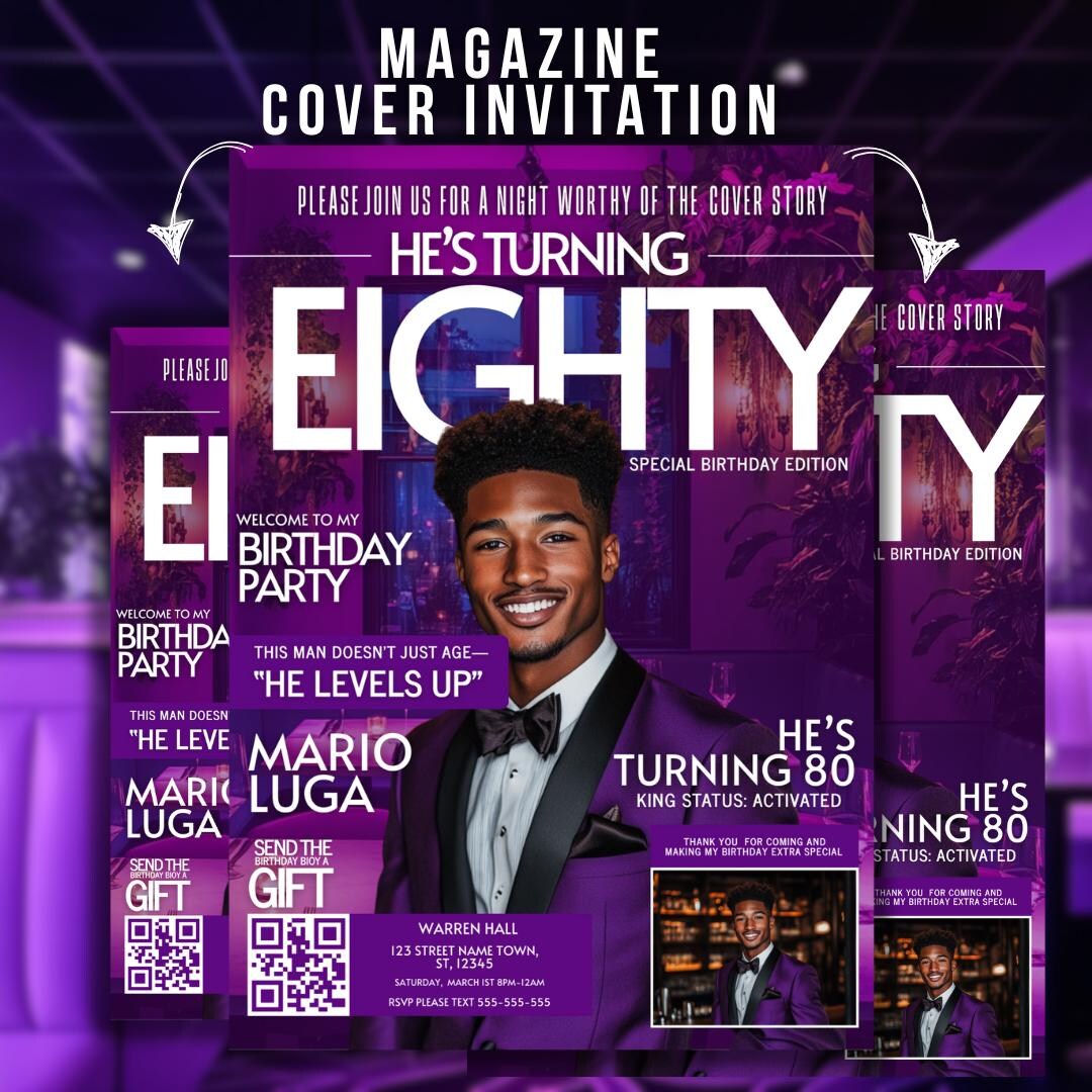 Purple 80th Birthday Magazine Invitation, Men Modern Party Flyer for ...
