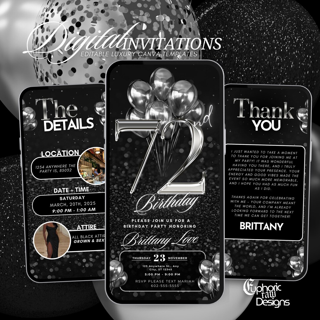 Digital 72nd Birthday Party Invitation, Women Black Silver 72nd Dinner ...