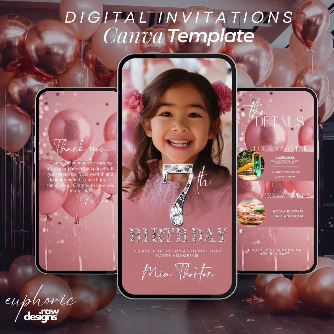 7th Birthday Party Invitation, Neon Pink and Glitter Template, Seventh ...