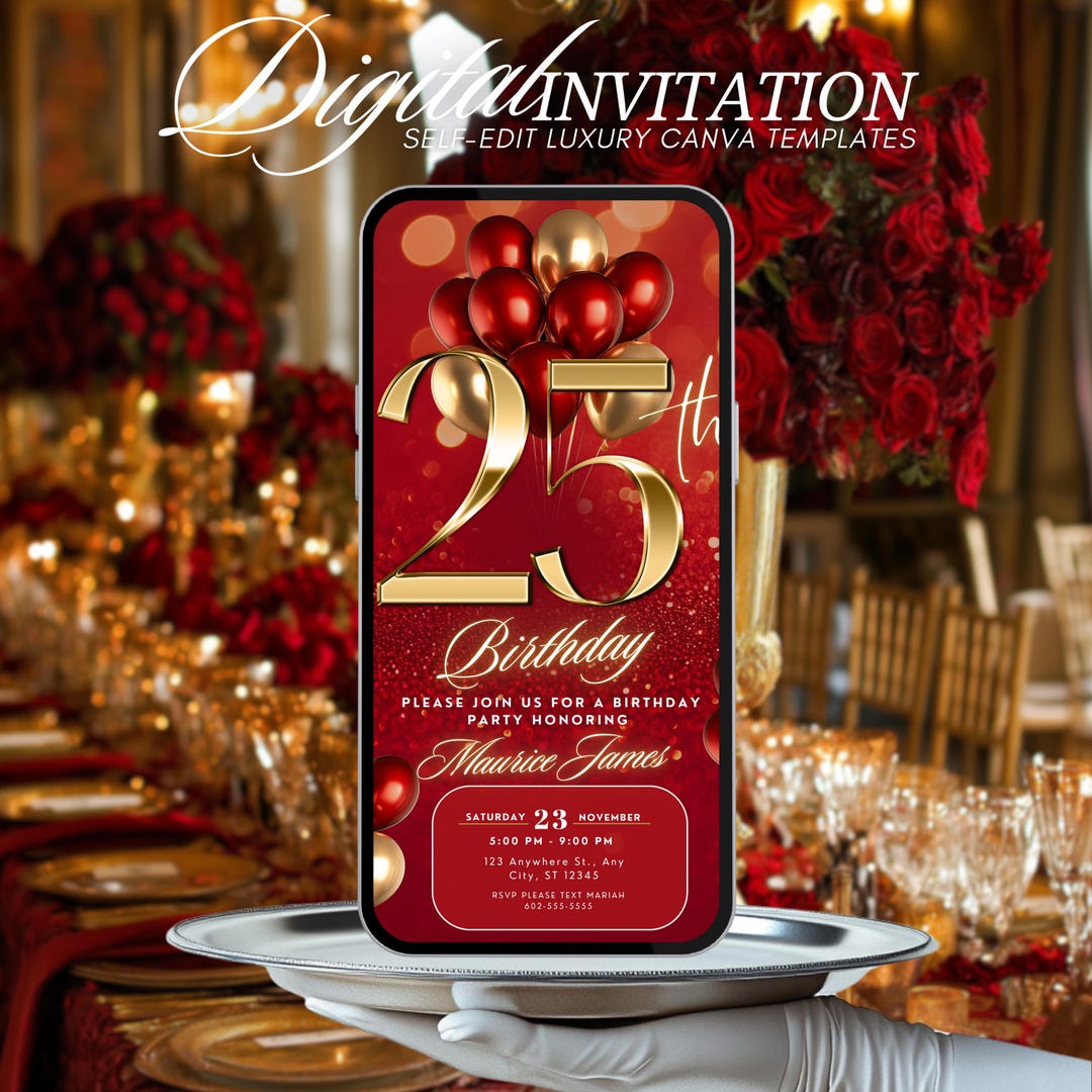 Elegant 25th Birthday Invitation, 25th Red Gold Balloons Video Invite ...