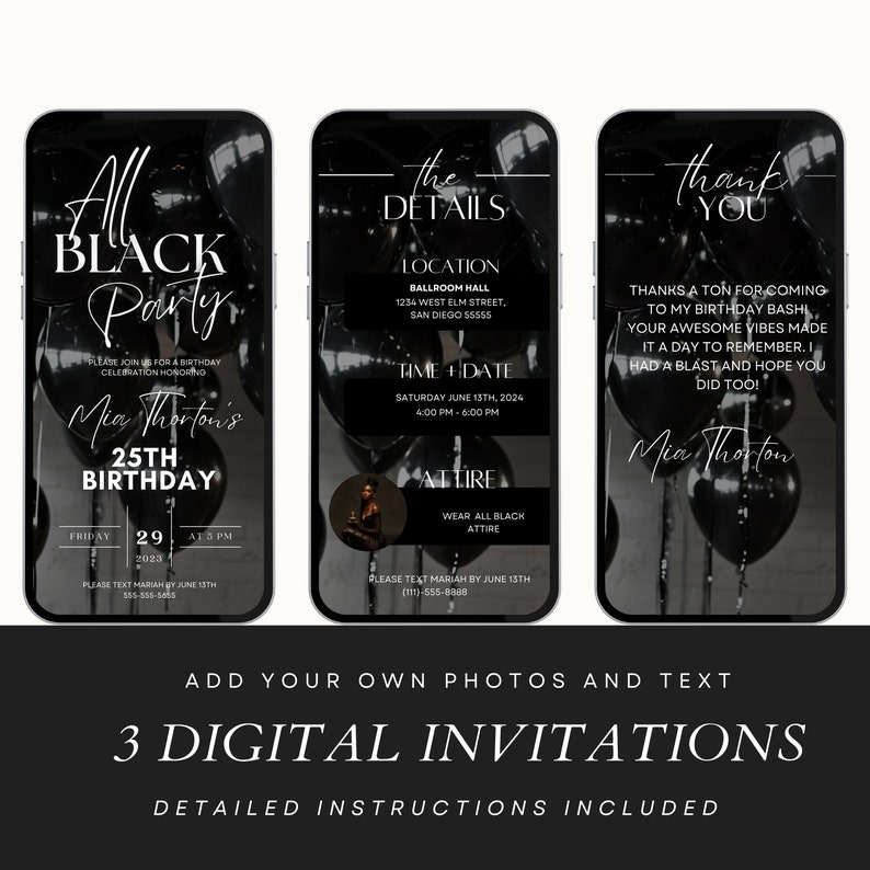 All Black Birthday Party Invitation, Birthday Dinner, Birthday Brunch ...