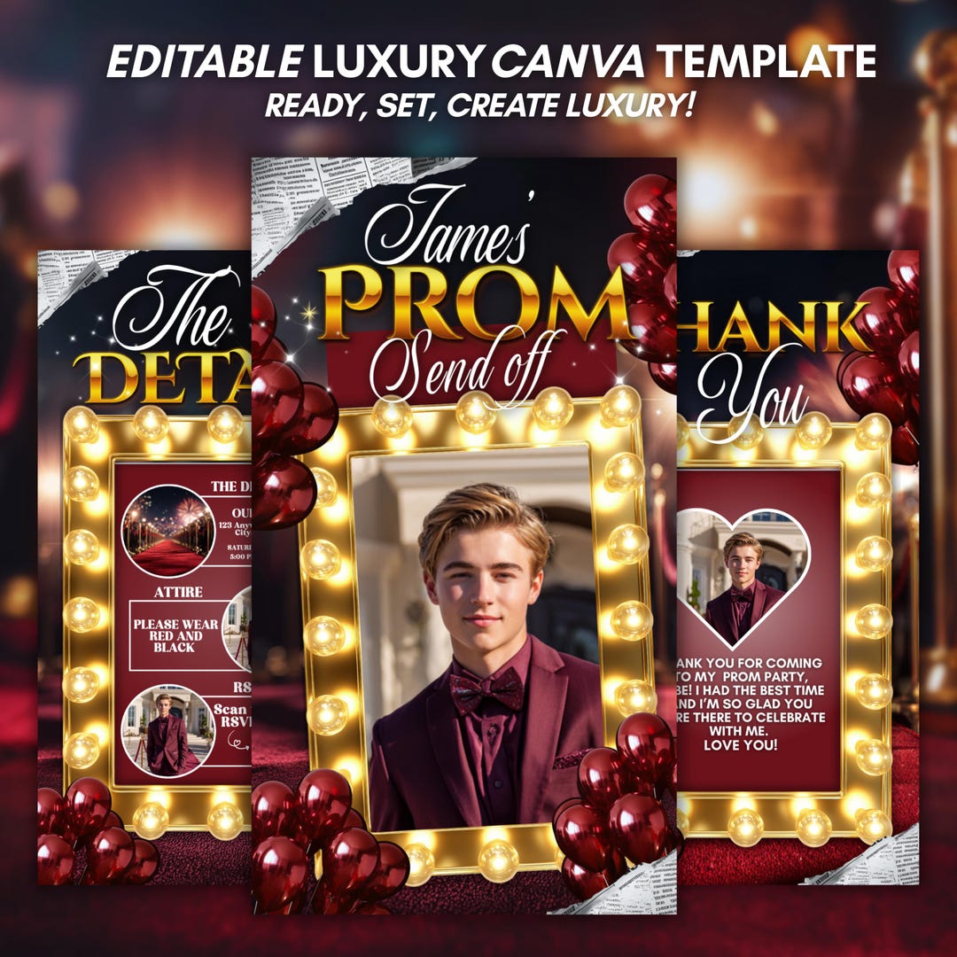 Prom Send-off Invitation in Maroon and Gold, Digital Boy Prom Party ...
