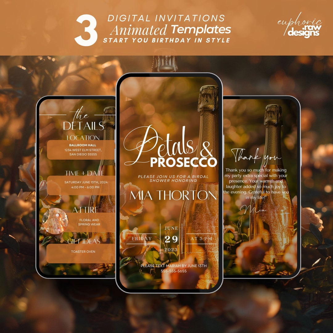 Digital Petals and Prosecco Bridal Shower Brunch Invitation, Champagne ...