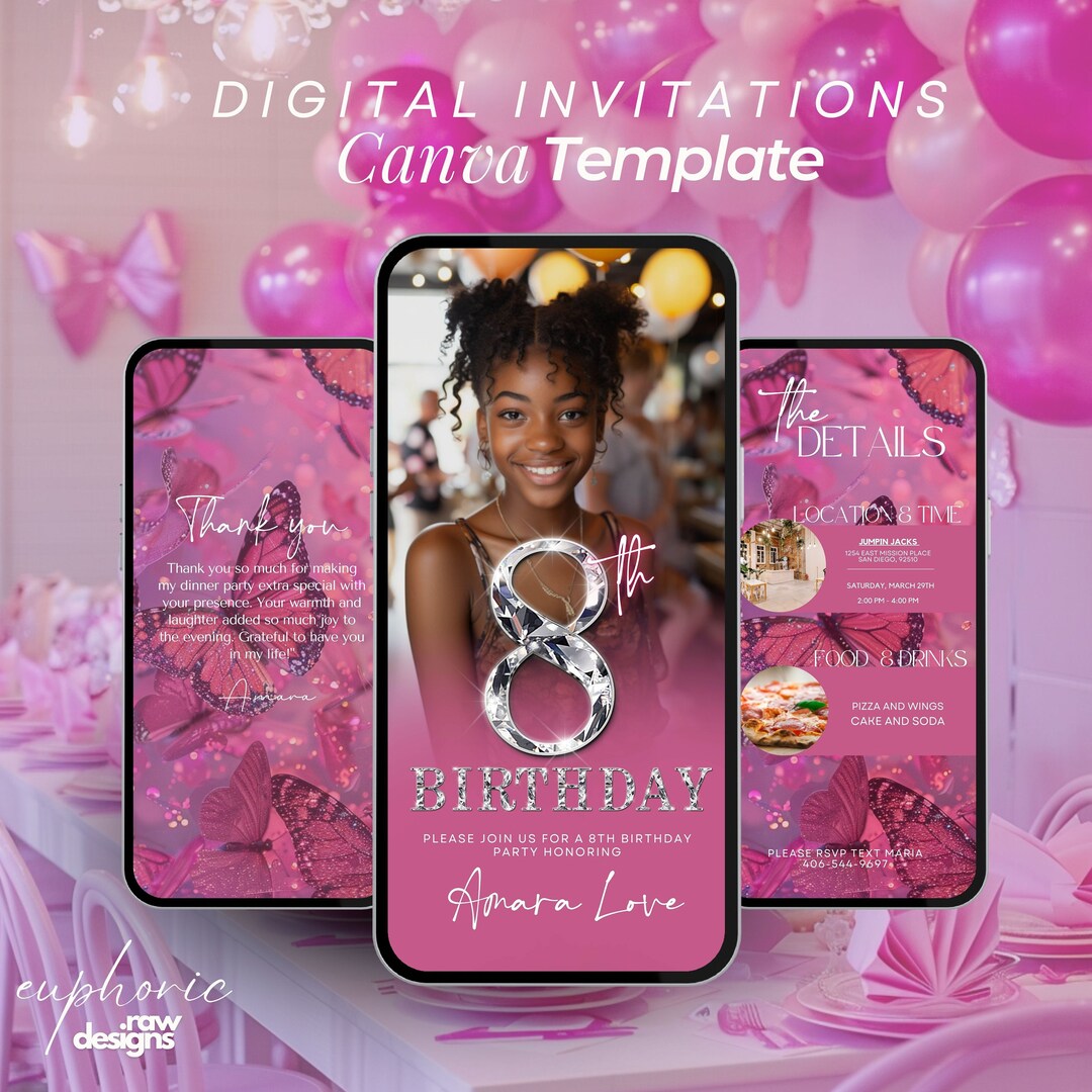 8th Birthday Butterfly Party Invitation, Neon Pink and Glitter Template, Girl Party Birthday ...