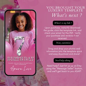 7th Birthday Party Invitation, Neon Pink and Glitter Template, Seventh ...