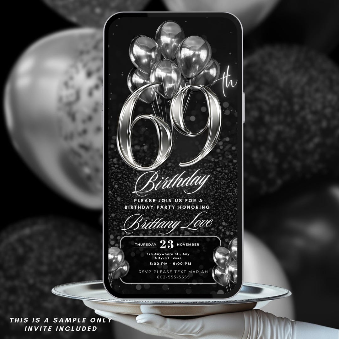 Digital 69th Birthday Party Invitation, Women Black Silver 69th Dinner ...