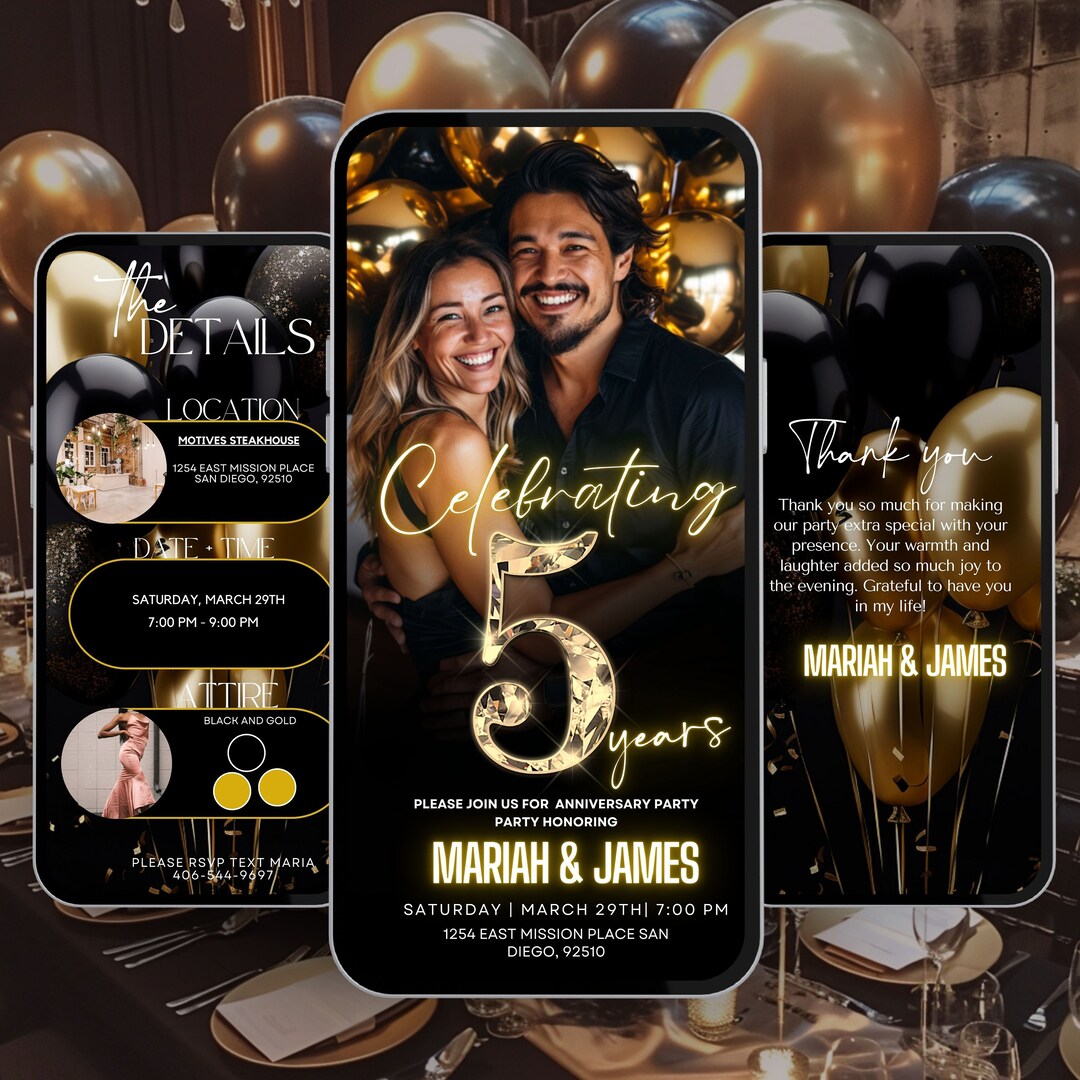 5th Anniversary Invitation, Party Itinerary, Black Gold Template, Wedding Golden Anniversary, We ...