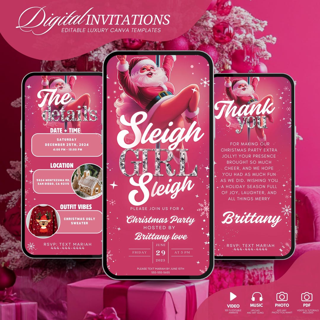 Digital Funny Friendmas Christmas Invitation, Editable Sleigh Girl ...