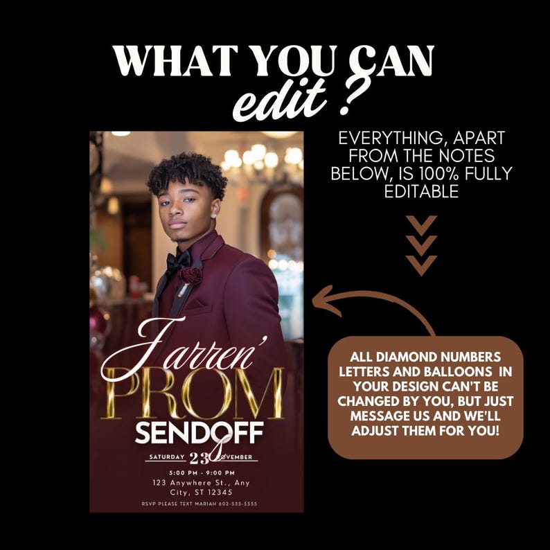 Prom Send off Digital Invitation, Maroon Gold Boys Editable Flyer ...