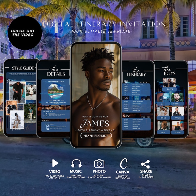 Digital Men’s Itinerary Invitation, Travel Birthday Weekend Template ...