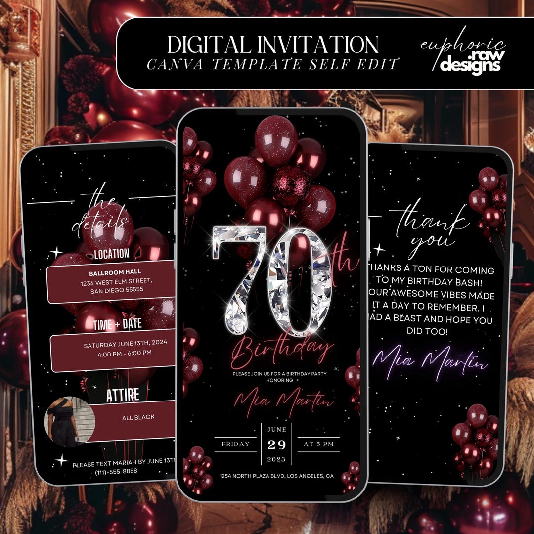 70th Birthday Party Invitation, Maroon Red Balloons, Digital 70th Glam ...