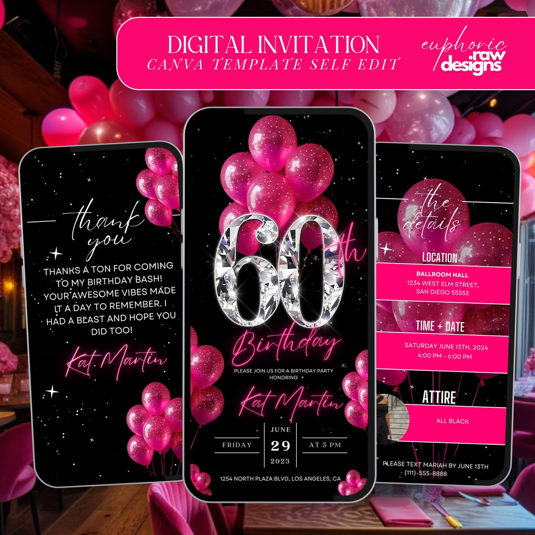 60th Birthday Party Invitation, Neon Hot Pink Digital 60th Glam Dinner ...