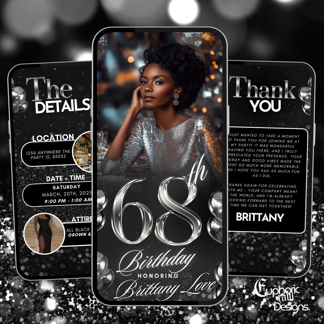 Digital 68th Birthday Invitation, Animated Black & Silver Dinner Invite ...