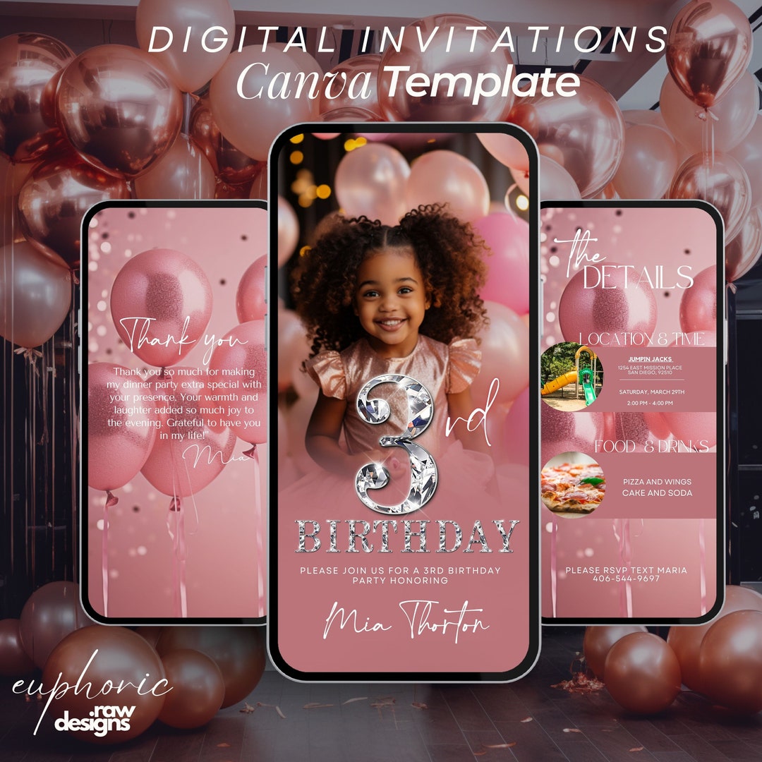 3rd Birthday Party Invitation, Princess Party Neon Pink Baby Animated ...