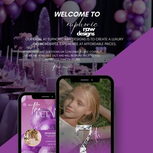 7th Birthday Party Invitation, Neon Purple and Glitter Template ...