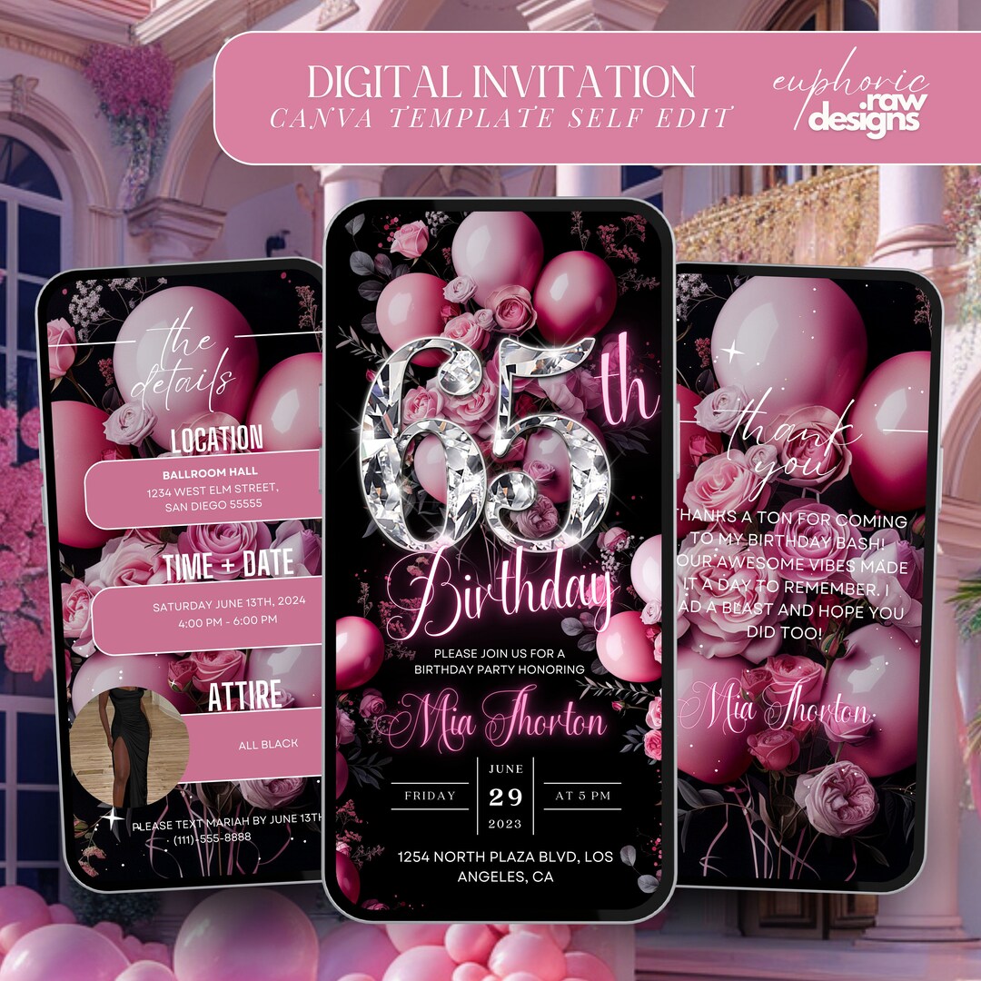 Floral 65th Birthday Invitation, Pink Balloons Diamonds, Editable ...