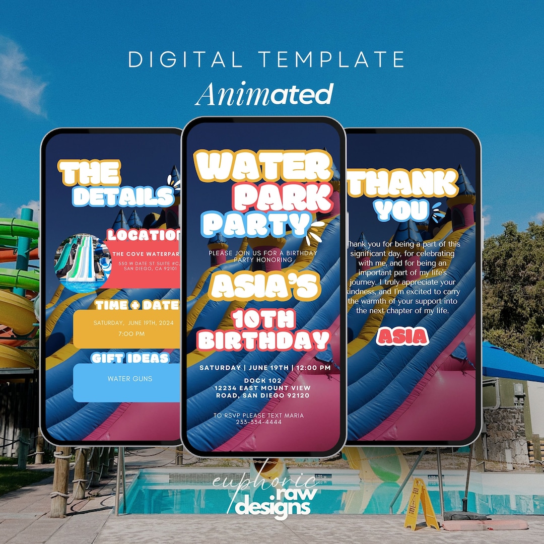Waterpark Birthday Party Invitation, Amusement Park Invitation, Water ...