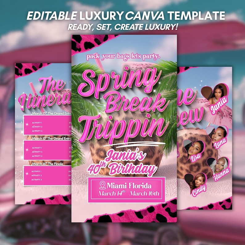 Spring Break Trippin Girls Getaway Itinerary Pink, Editable Travel ...