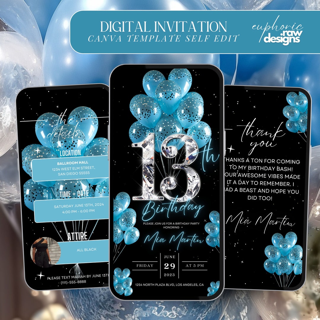 13th Birthday Party Invitation, Light Sky Blue Balloons Digital 13th ...