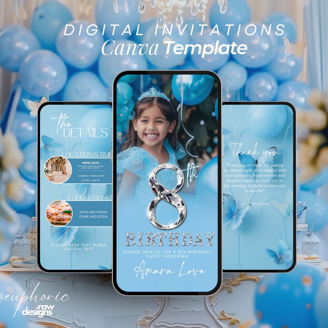 8th Birthday Butterfly Party Invitation, Neon Blue and Glitter Template ...