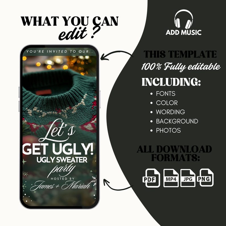 Editable Digital Ugly Sweater Christmas Invitation, Xmas Holiday Party ...