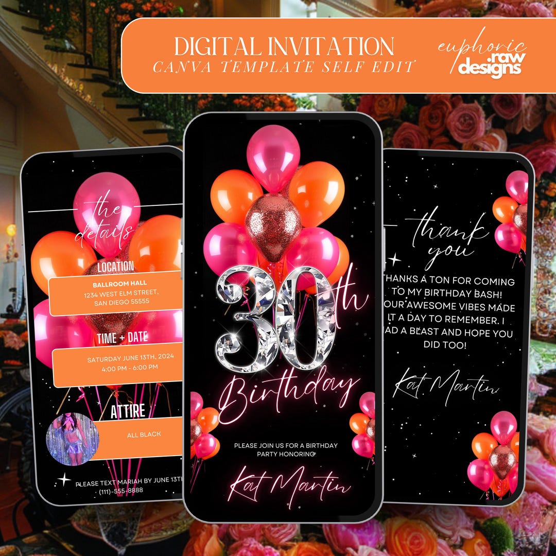 30th Birthday Party Invitation, Pink Orange Balloons, Digital 30th Glam ...