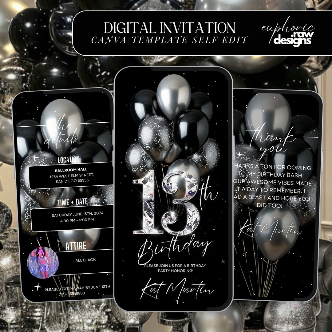 13th Birthday Party Invitation, Silver Black Digital 13th Glam Dinner ...