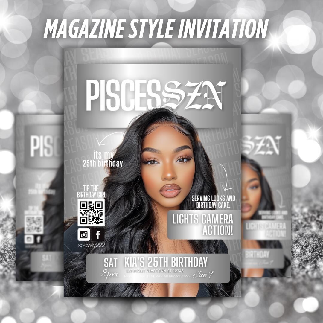 Pisces Season Birthday Invitation, Silver Magazine Style Editable ...