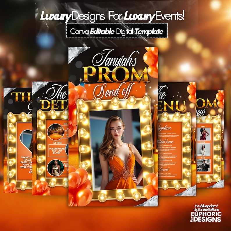 Prom Invitation and Itinerary Luxury Bundle, Orange Diamond Girl Prom ...
