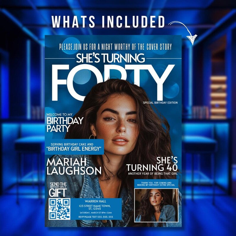 Blue 40th Birthday Magazine Invitation: Glam Party Flyer (DIY Editable ...