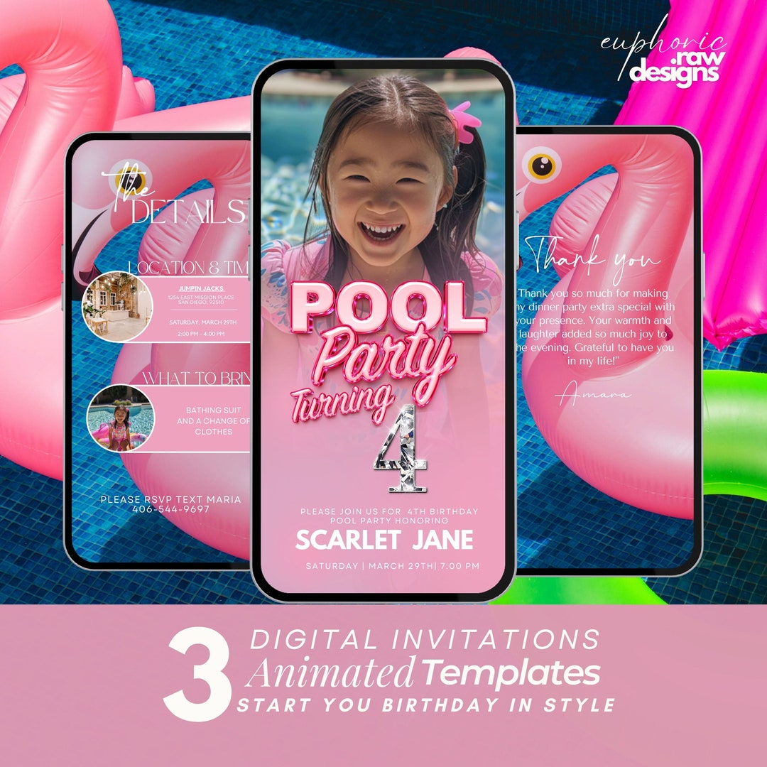 4th Birthday Pool Party Birthday Invitation,summer Swimming Party ...