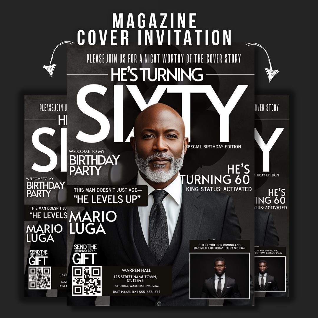 Digital 60th Birthday Magazine Invitation, Men Modern Party Flyer for ...