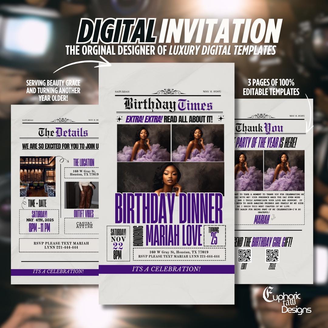 Newspaper Birthday Dinner Invitation, Purple Digital Newspaper Template ...