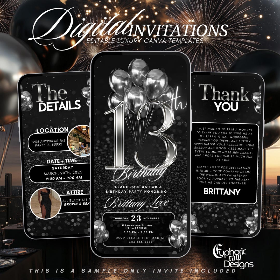 Digital 13th Birthday Party Invitation, Glam Black Silver 13th Dinner ...