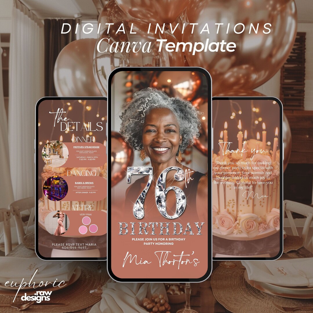 76th Birthday Invitation, Pink Rose Gold Diamond Evite, Birthday Dinner ...
