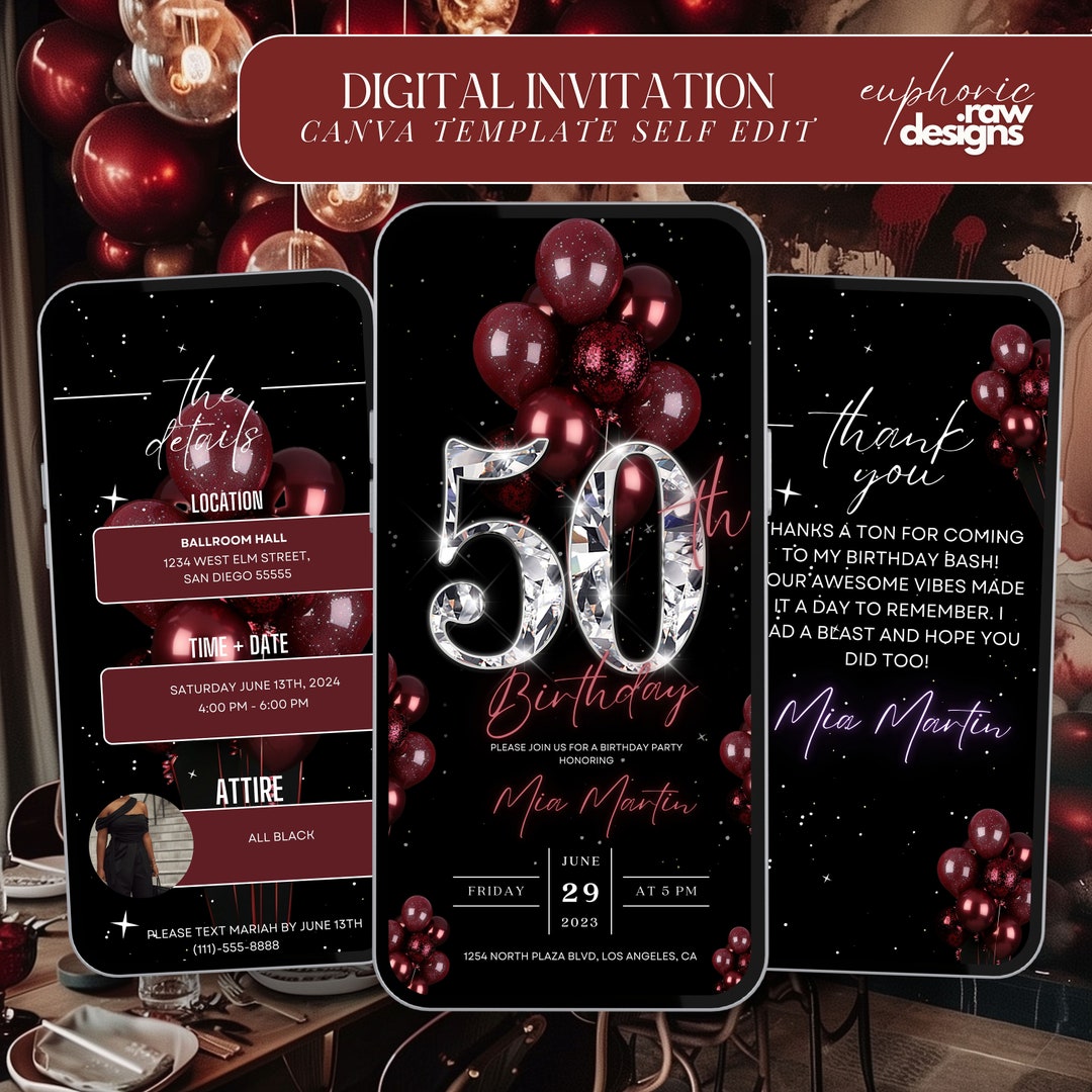 50th Birthday Party Invitation, Maroon Digital 50th Glam Dinner Invite ...