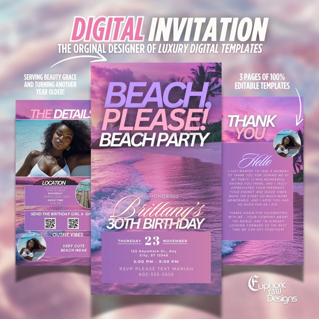 Editable Beach Party Video Invitation, Pool Adult Birthday, Summer ...