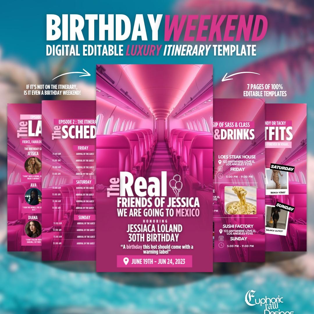 Pink Girls Trip Birthday Weekend Getaway Invitation, Themed Editable ...