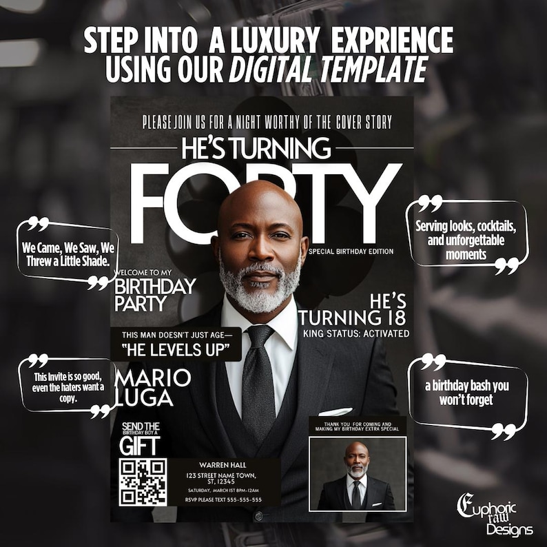 40th Birthday Magazine Invitation for Men, Modern Dinner Party Invite ...