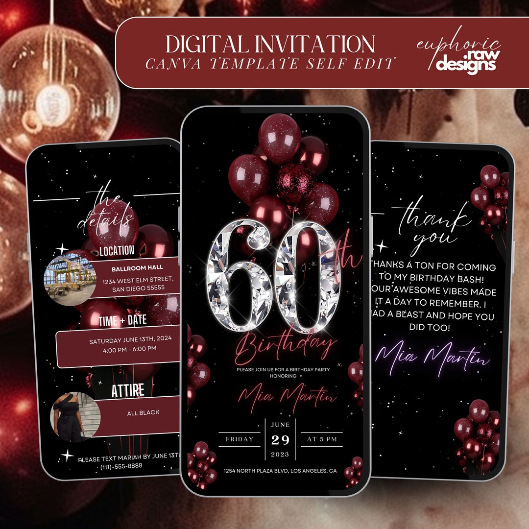 60th Birthday Party Invitation, Maroon Black Balloons Digital 60th Glam ...