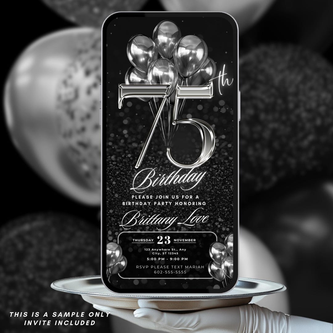 Digital 75th Birthday Party Invitation, Women Black Silver 75th Dinner ...