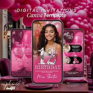 12th Birthday Invitation, Pink Neon, Princess, Girl Electronic Invite ...