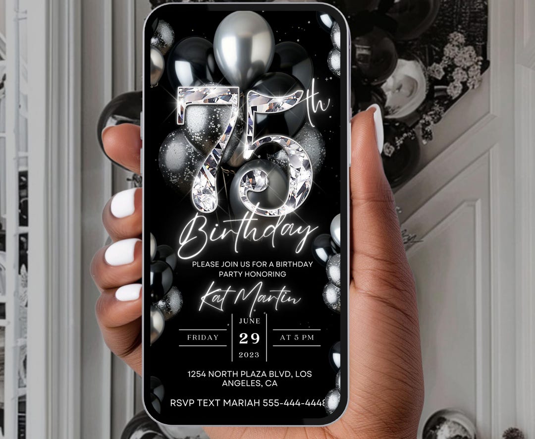 75th Birthday Invitation, Pink Balloons Diamonds, Editable Digital 75th ...