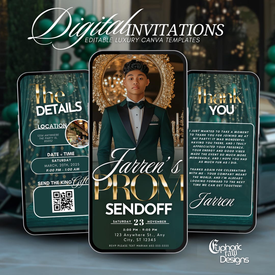 Prom Send off Digital Invitation, Green Gold Boys Editable Flyer ...